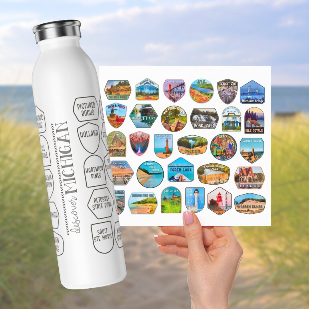 Discover Michigan Checklist Water Bottle With Stickers, Travel Tracker ...