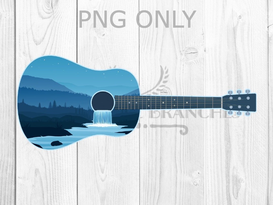 Acoustic Guitar Mountain Landscape Graphic, River Waterfall Digital ...