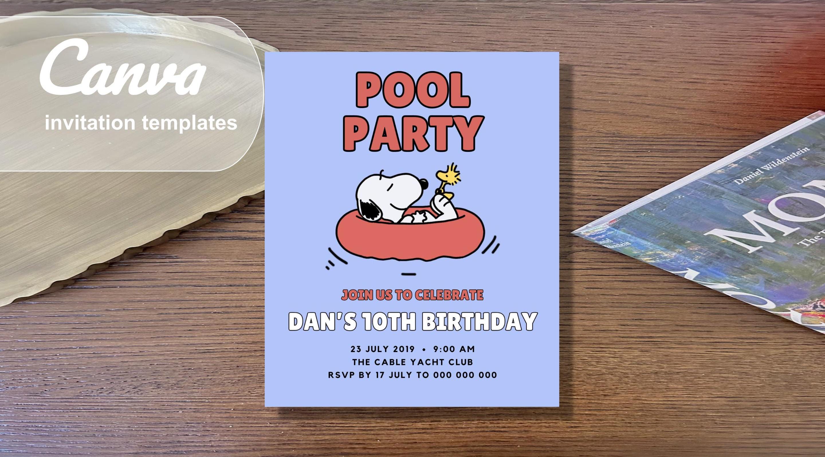 Snoopy Pool Party Birthday Invitation Canva Template, Printable ...