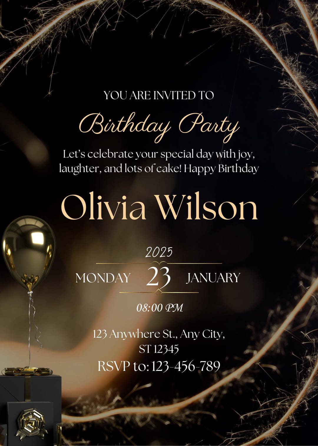 Birthday Templates, Black Birthday Invites, Digital Templates, Instant ...