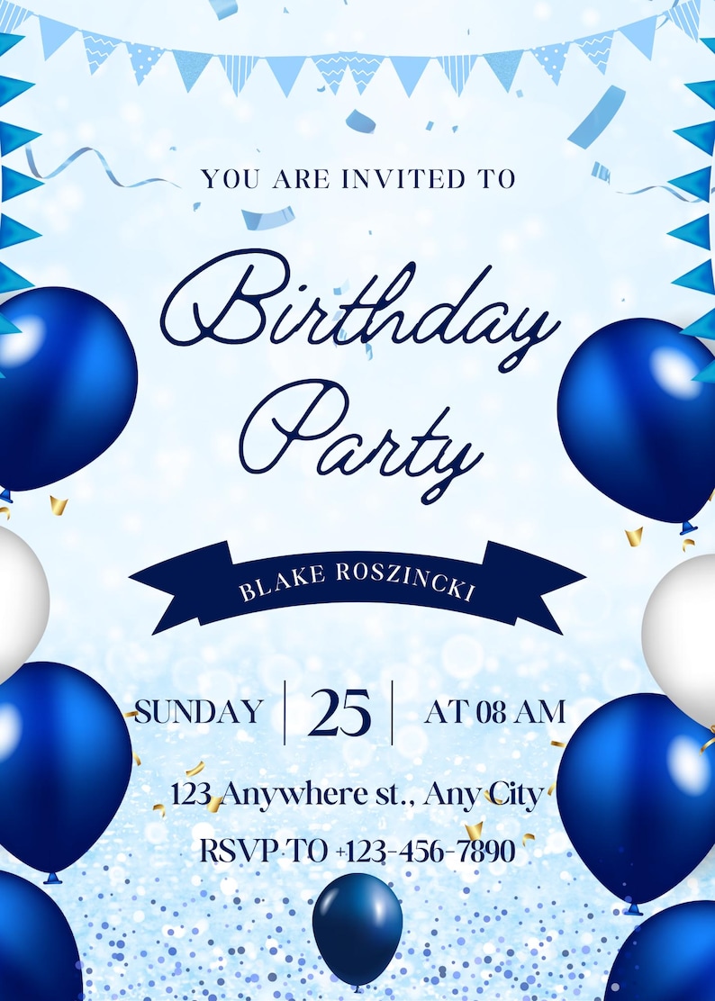 Blue and White Birthday Template Invitations, Digital Templates ...