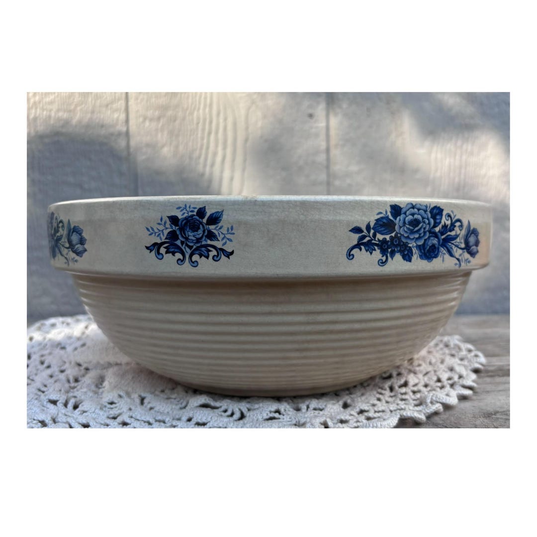 Vintage/antique Large Ribbed Crock Bowl Stoneware Mixing Bowl Blue ...