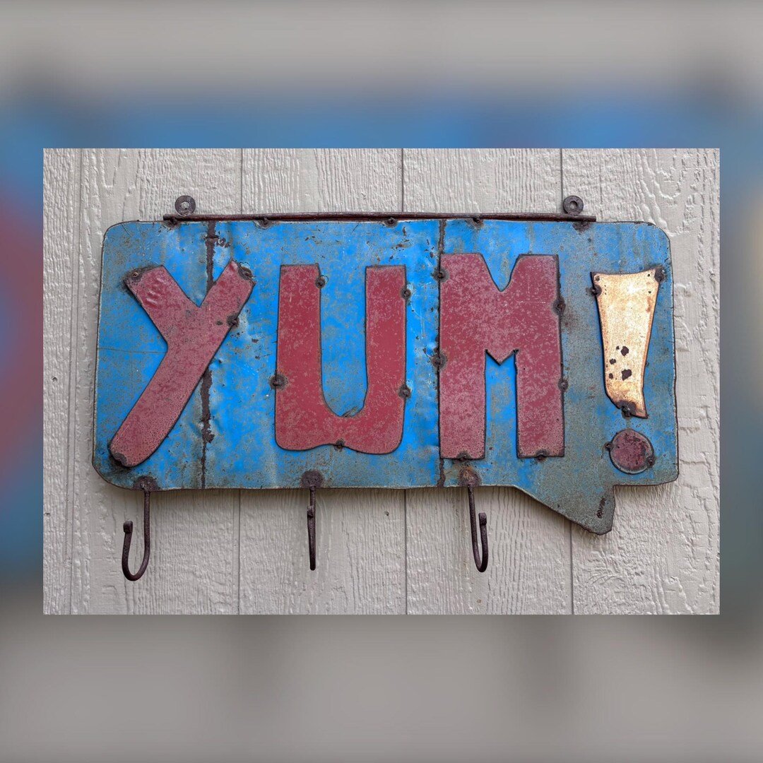Large Vintage Rusty Crusty YUM Sign With Hooks ~ Metal Sign ~ Kitchen ...