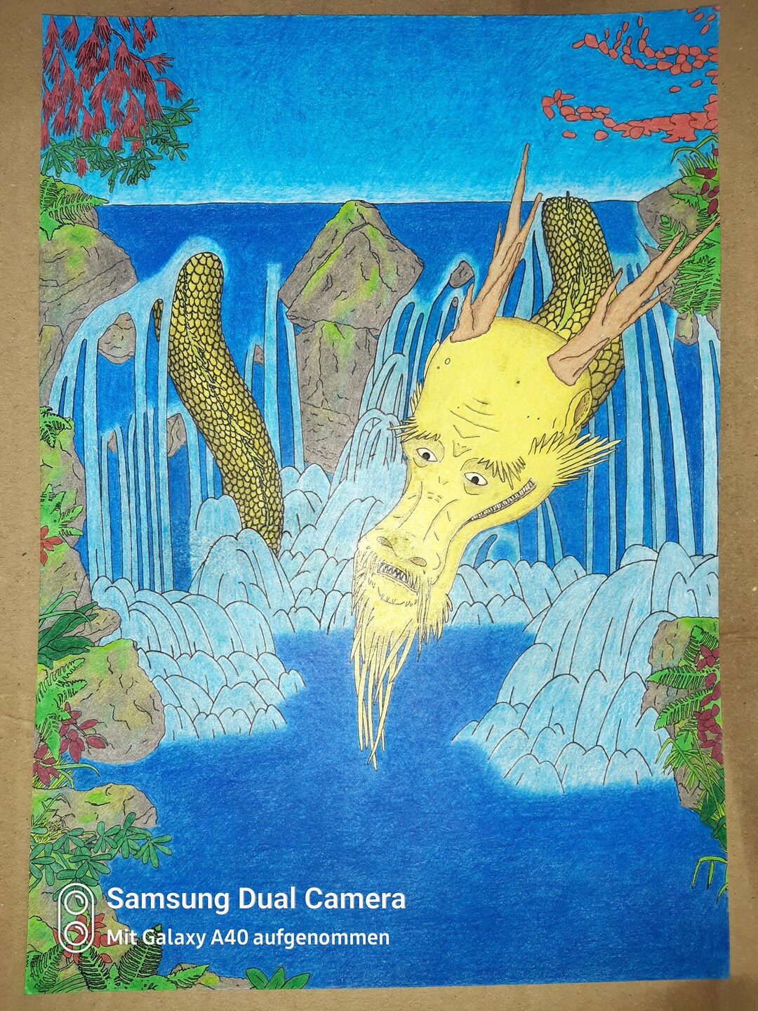 Original Art “dragon in Waterfall”, A4, Ink & Oil Crayon, Framed ...