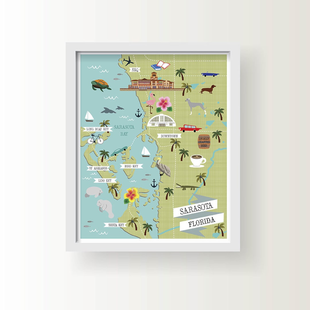Sarasota Florida Map, Sarasota Wall Decor, Modern Map Illustration ...