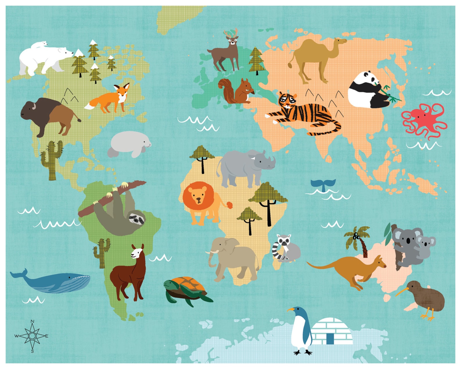World Animal Map Wall Art Baby Nursery Kids Bedroom Home - Etsy