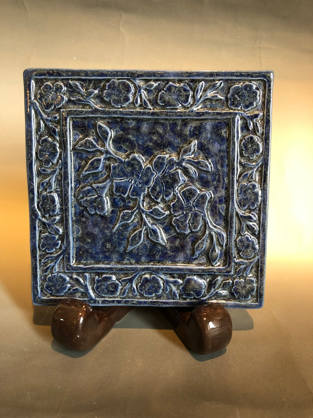 Handmade Art Tile Carved Relief Blue Flower Tile - Etsy