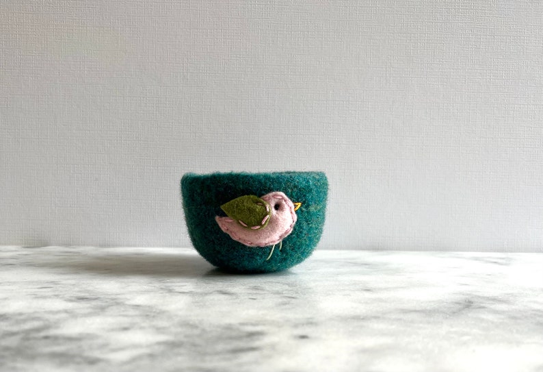 Felt Wool Bowl Green Bowl With Pink and Green Bird Nature Inspired ...