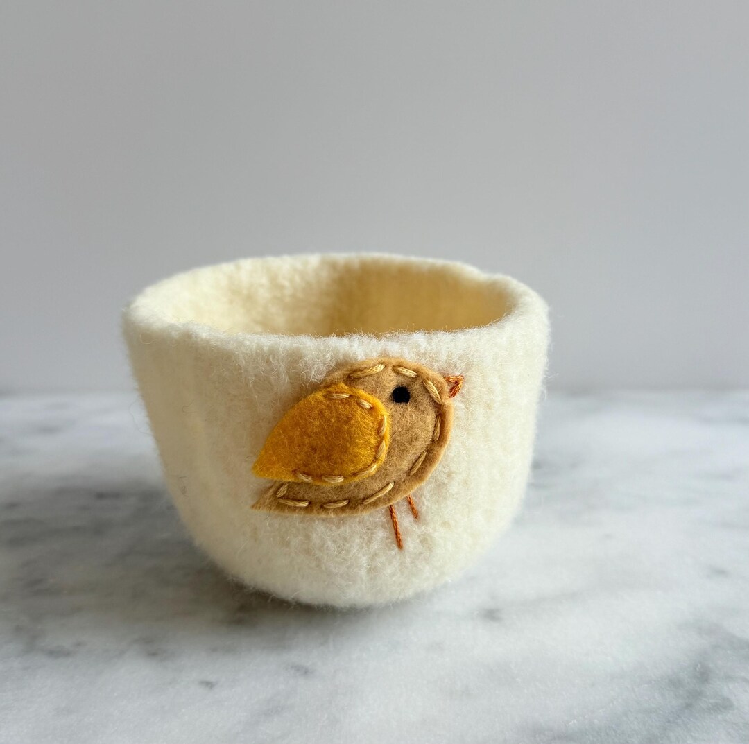 Felt Wool Bowl - White Wool Bowl With Mustard Yellow Bird - Container ...