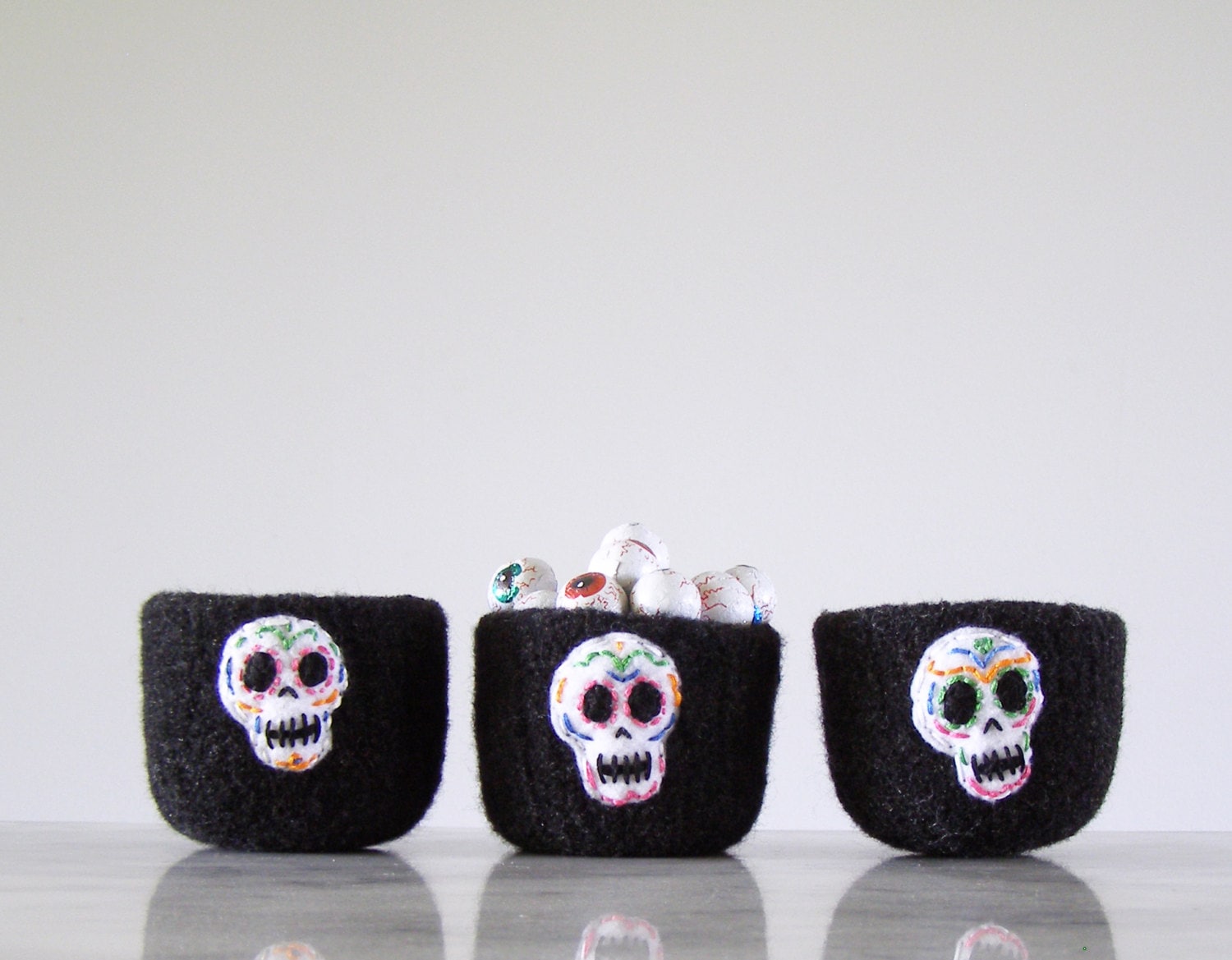 Halloween Sugar Skull Bowl - Felted Wool Bowl With Embroidered Skull ...