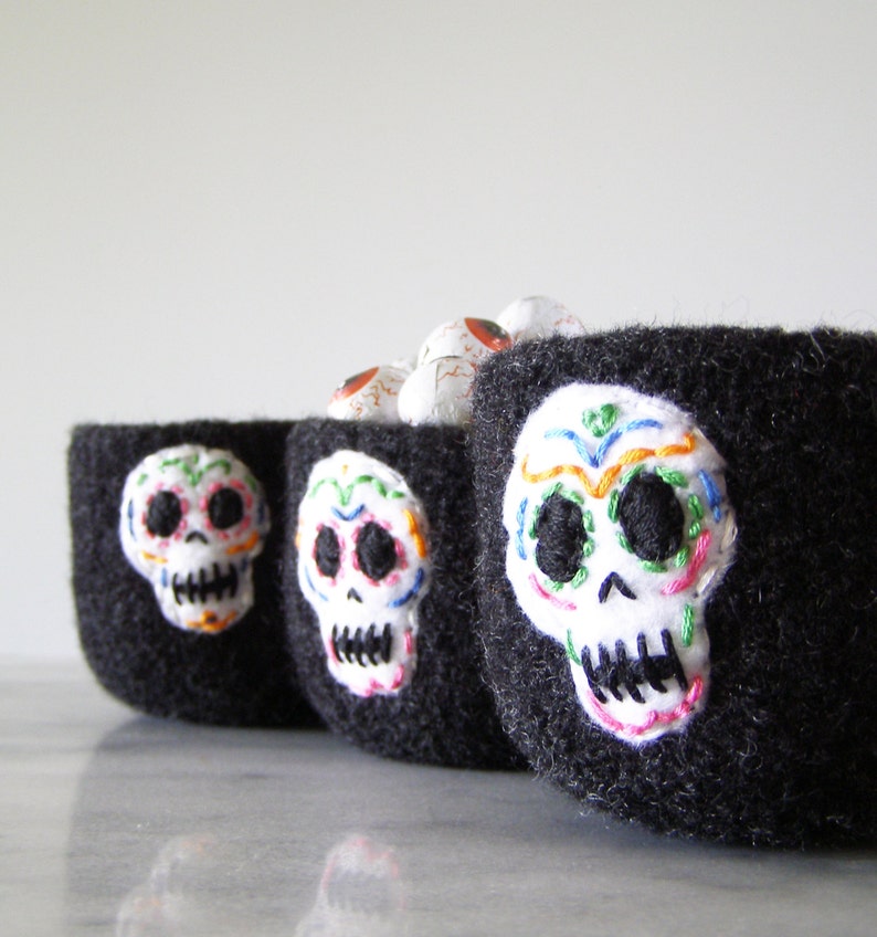 Halloween Sugar Skull Bowl - Felted Wool Bowl With Embroidered Skull ...