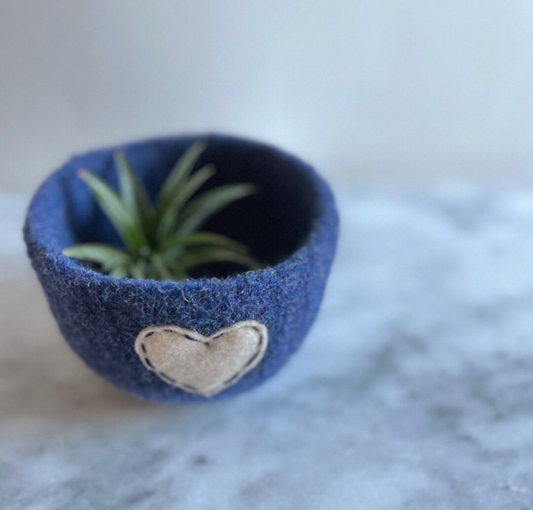 Heathered Indigo Blue and Navy Blue Felted Wool Bowl With Oatmeal Beige ...
