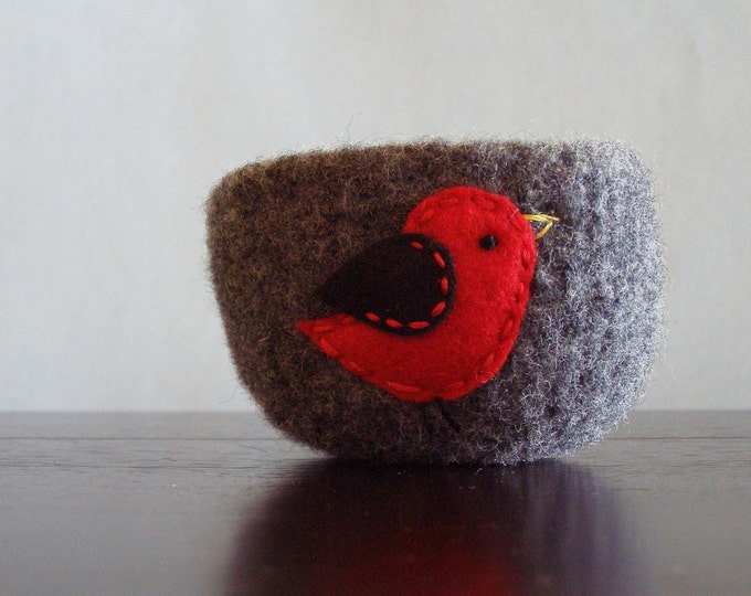 Fuzzy Felted Dark Grey Wool Bowl With Red and Black Eco Felt Cardinal ...