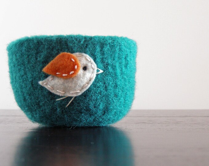 Fuzzy Felted Teal Wool Bowl With Eco Felt White and Mustard - Etsy
