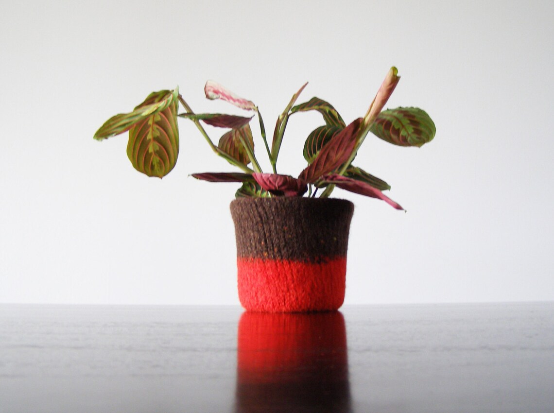 Felted Wool Planter With Waterproof Lining - Tweed Brown and Red ...