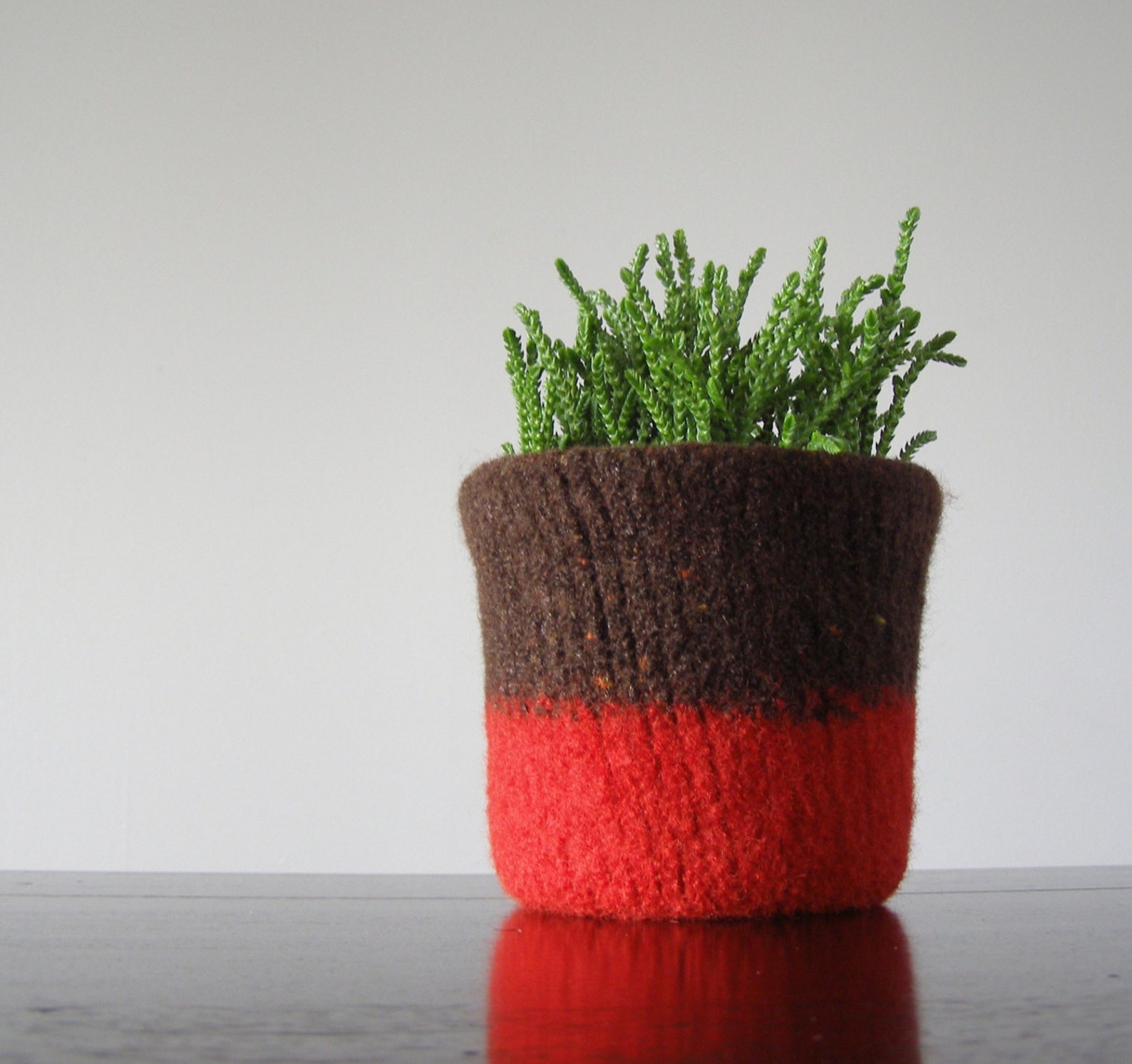 Felted Wool Planter With Waterproof Lining - Tweed Brown and Red ...