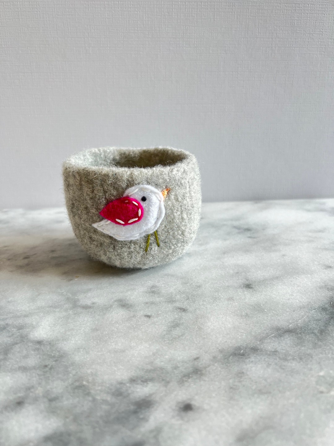 Felt Wool Bowl - Gray Bowl With White and Pink Bird - Nature Inspired ...