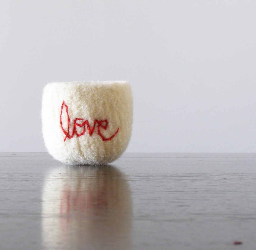 White Wool Felted Bowl - Felt Wool Bowl With Red Embroidered "love ...