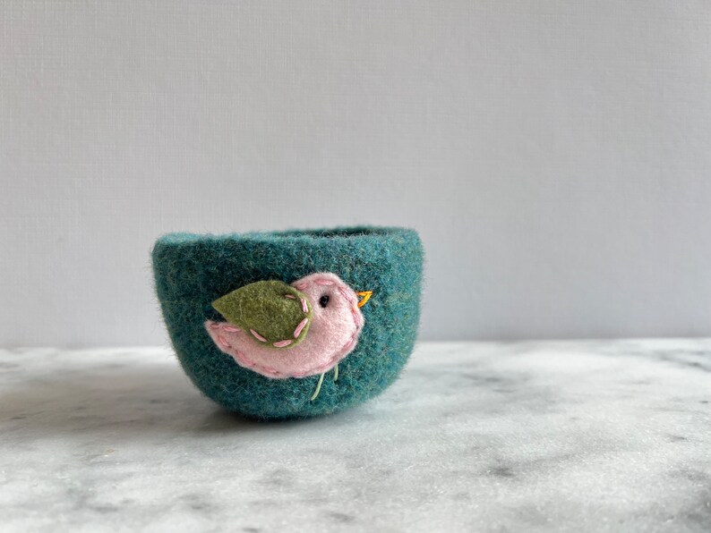 Felt Wool Bowl Green Bowl With Pink and Green Bird Nature Inspired ...