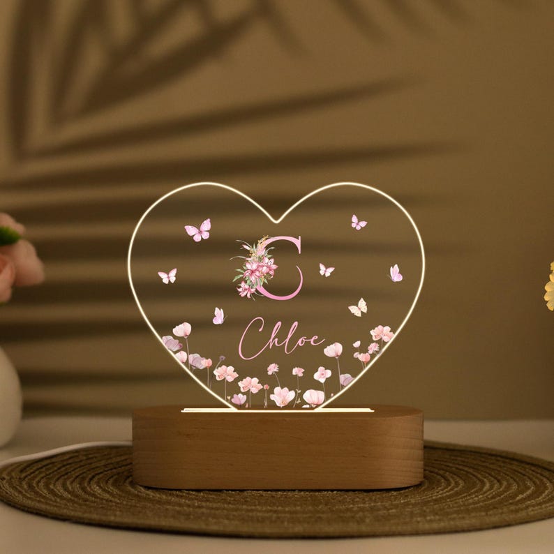 Custom Floral Night Light With Name, Personalized Night Light for Kids ...
