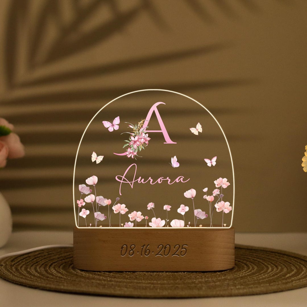 Custom Floral Night Light With Name, Personalized Night Light for Kids ...