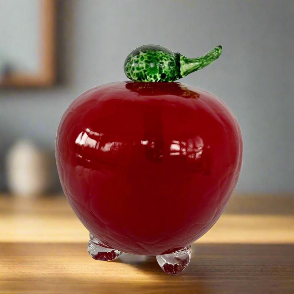 Handmade Red Crackle Glass Apple With Removable Green Leaf – Decor ...