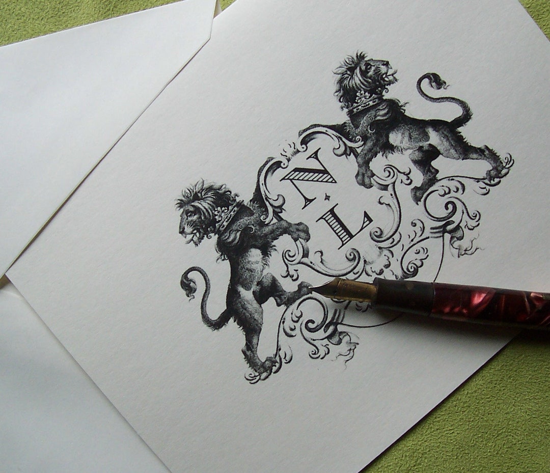 Lion Heraldic Crest Personalized Note Cards Monogrammed Mens Stationery ...