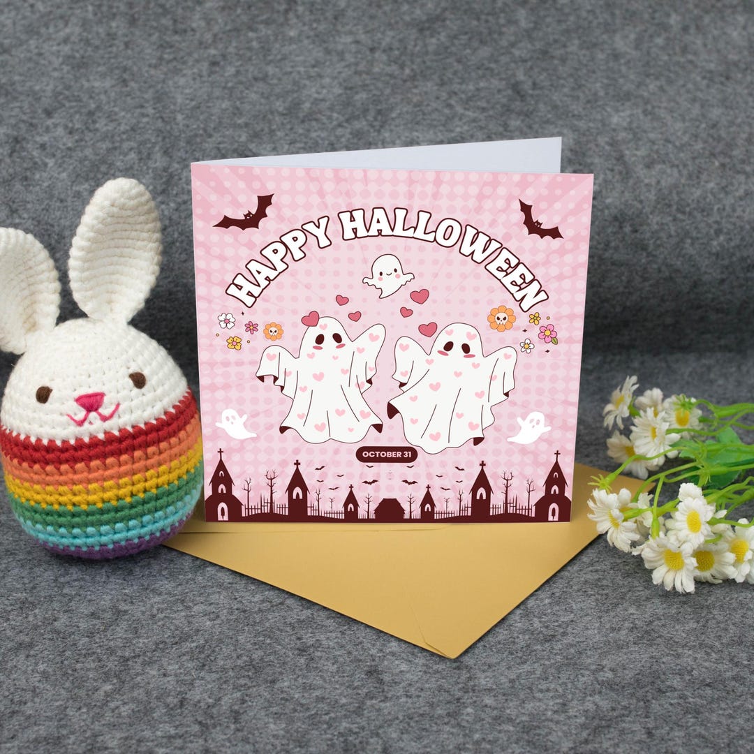 Happy Halloween Card Pink Ghost Design, Cute Love Boo Greeting Card ...