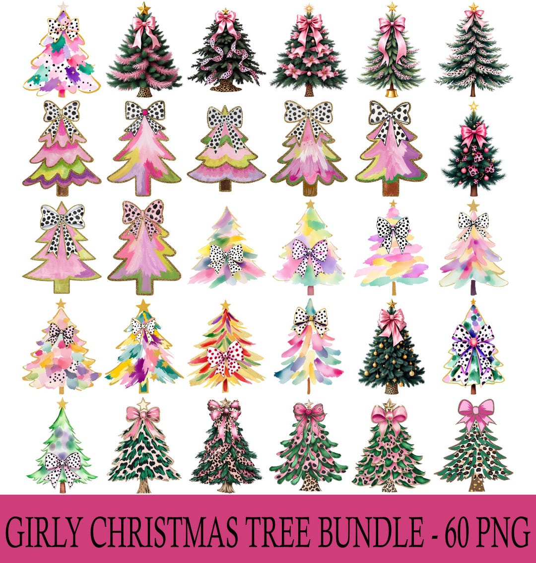 Girly Christmas Tree Bundle Png, Colorful Coquette Glitter Christmas ...