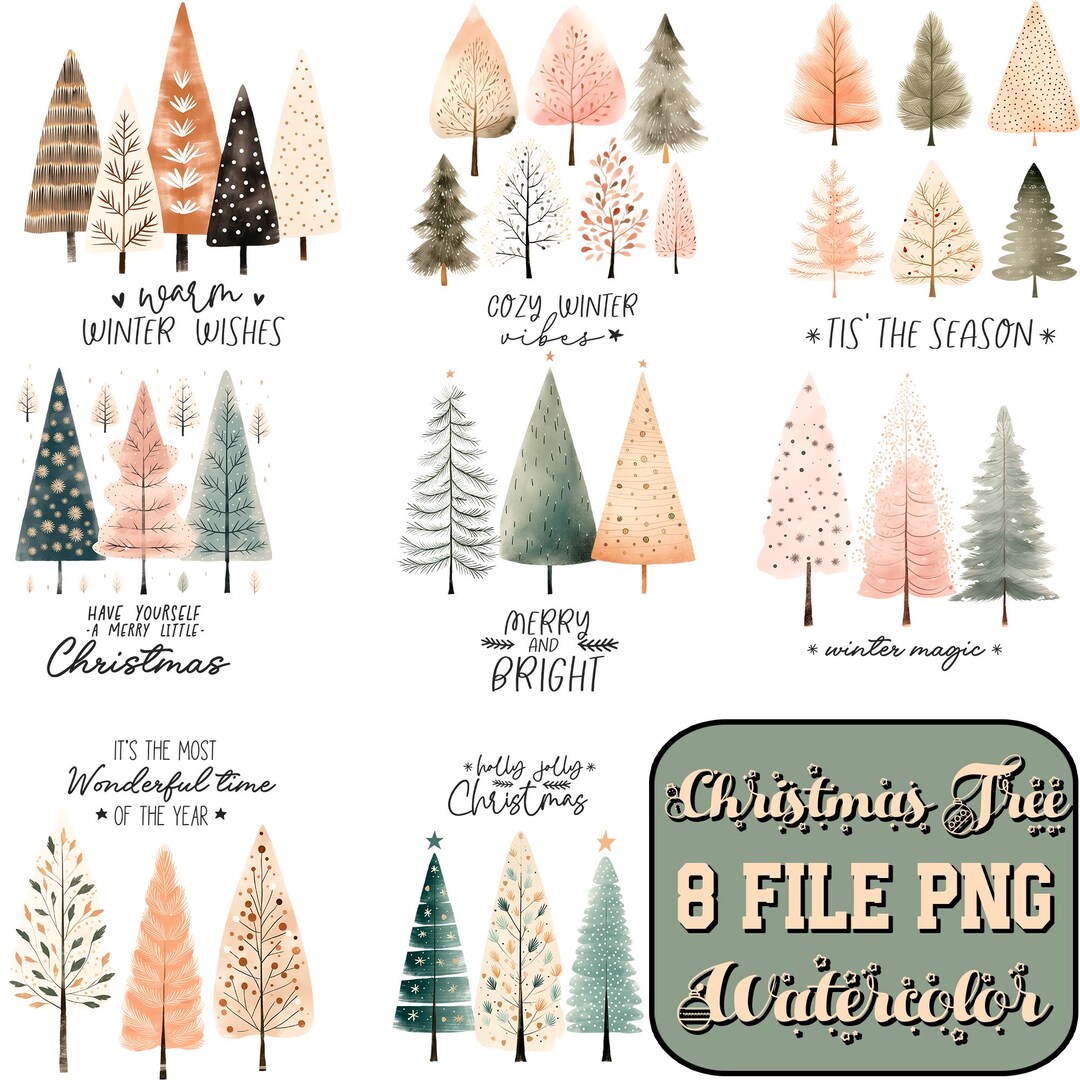 Christmas Tree Bundle Png, Colorful Watercolor Christmas, Merry ...