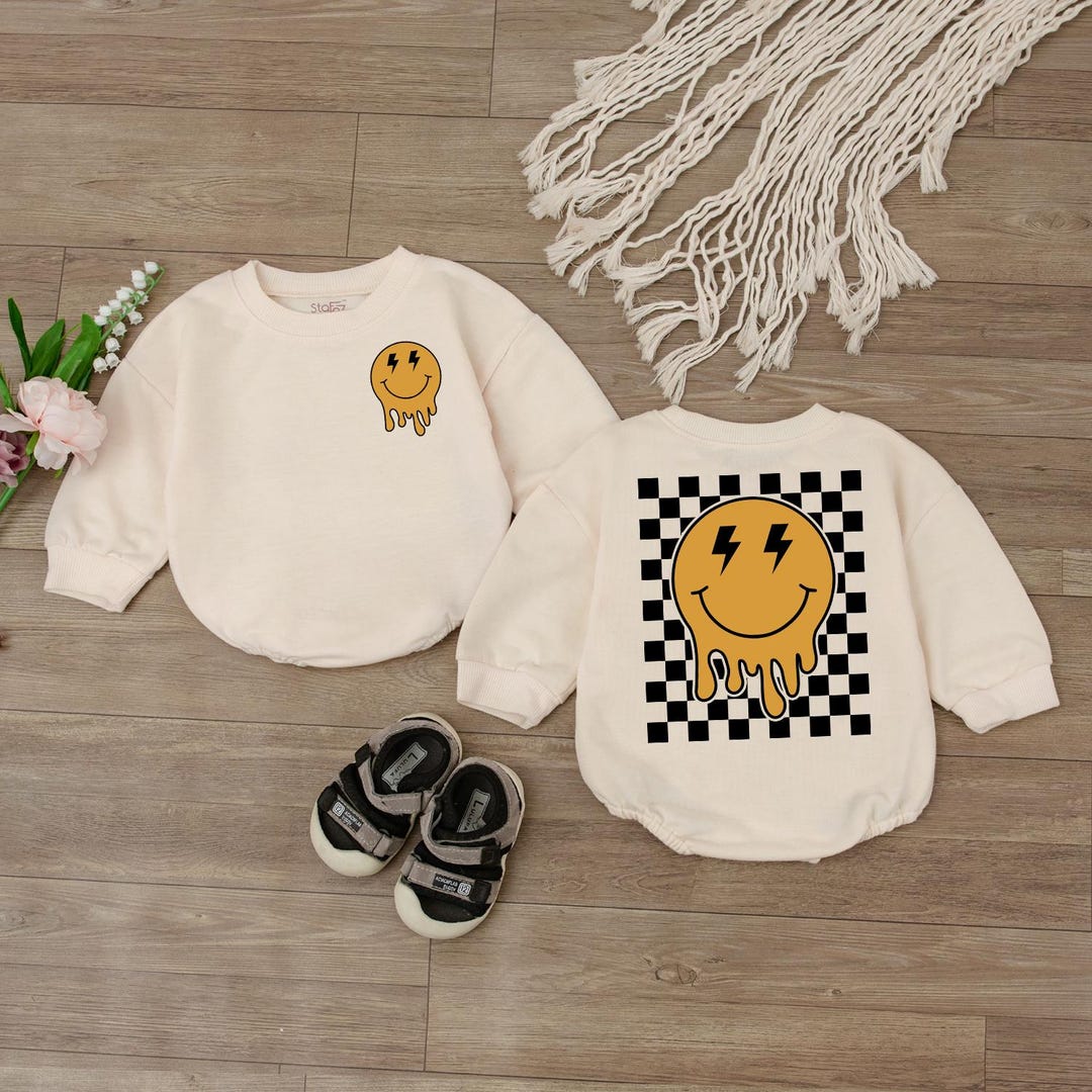 Smiley Face Baby Romper, Happy Face Bodysuit, Checkered Sweatshirt Kid ...