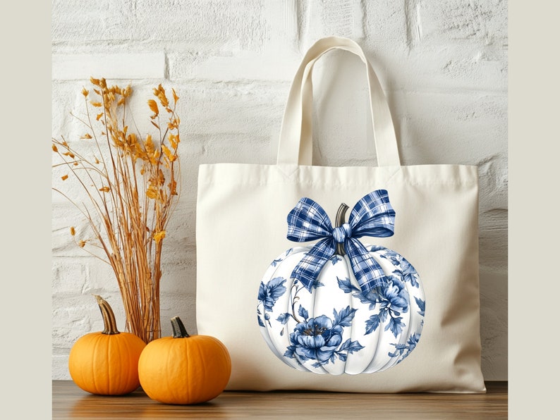 Fall Png, Blue Floral Chinoiserie Coquette Bow Pumpkin PNG Sublimation ...
