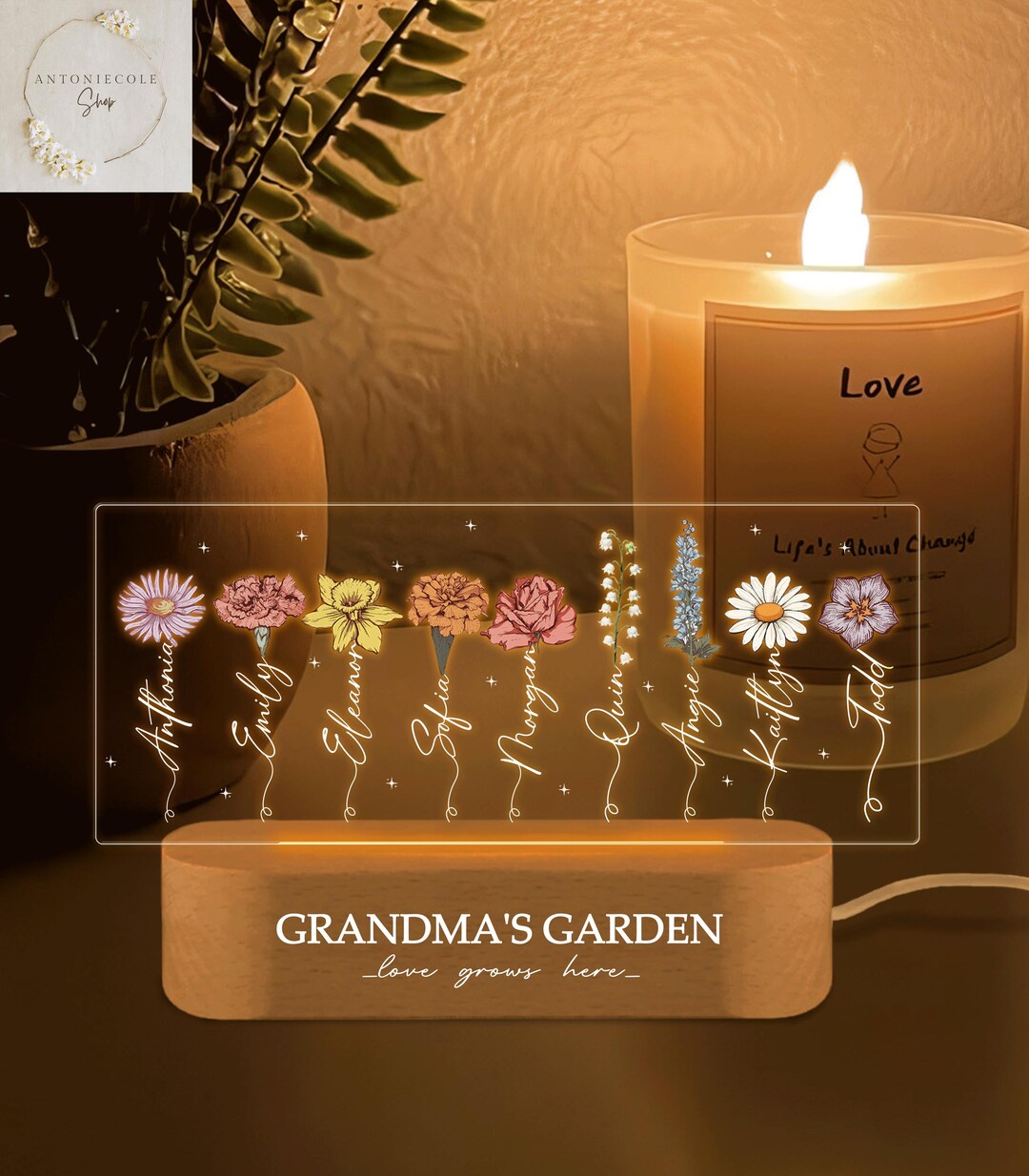 Personalized Grandma's Garden Birth Month Flower LED Night Light ...