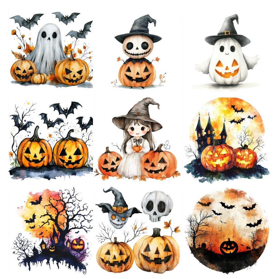 Halloween Watercolor Clip Art Collection, Witch,pumpkins,ghost,castle ...