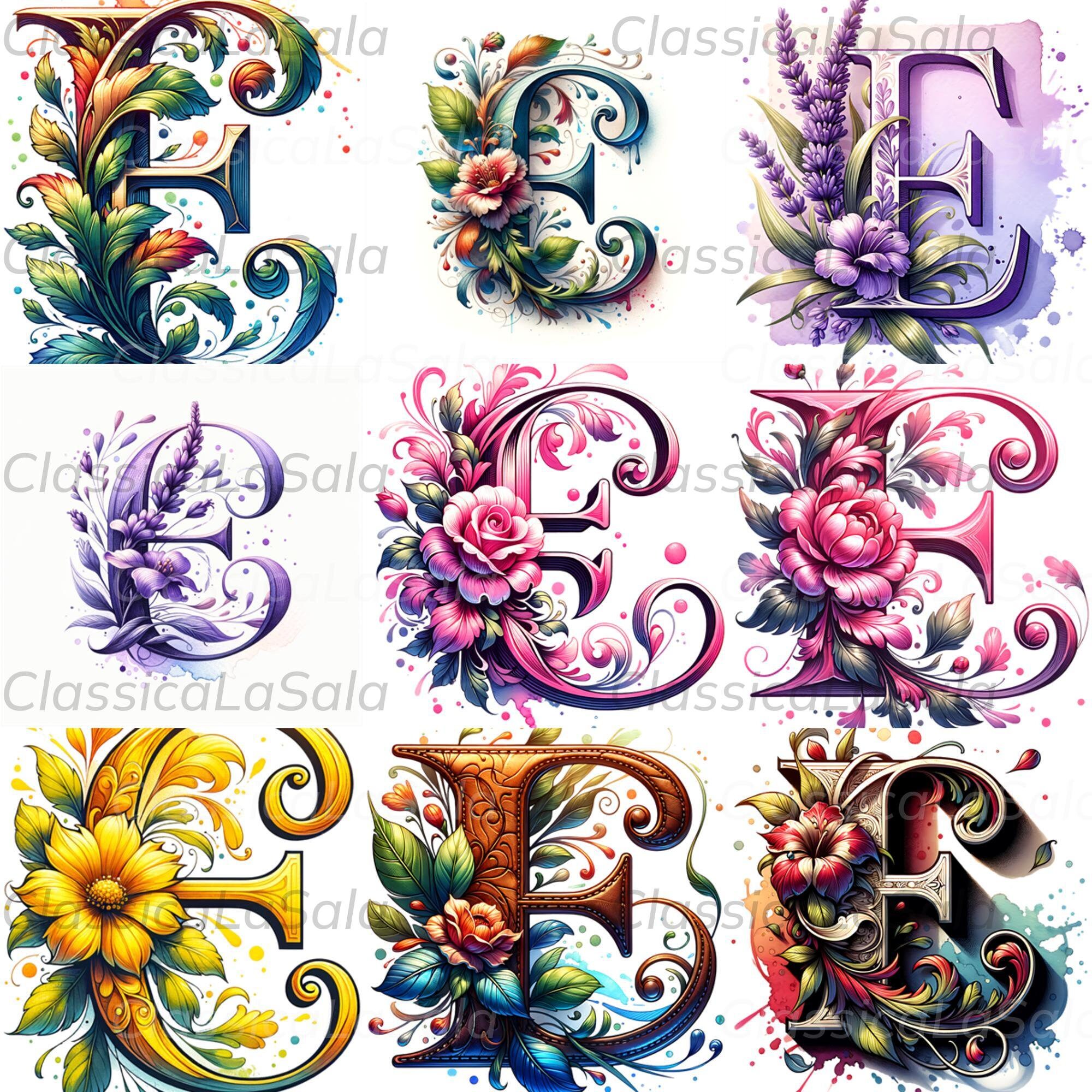 Floral Monogram E Clipart Bundle Set of 9 Embellished Letter Designs ...