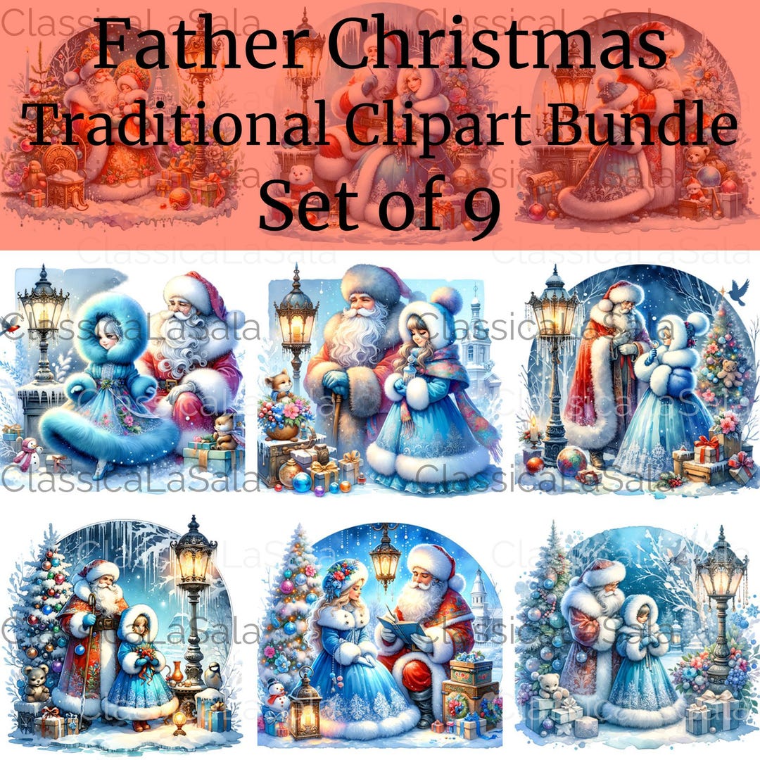 Father Christmas Traditional Clip Art Bundle Set Elegant Rendition for ...