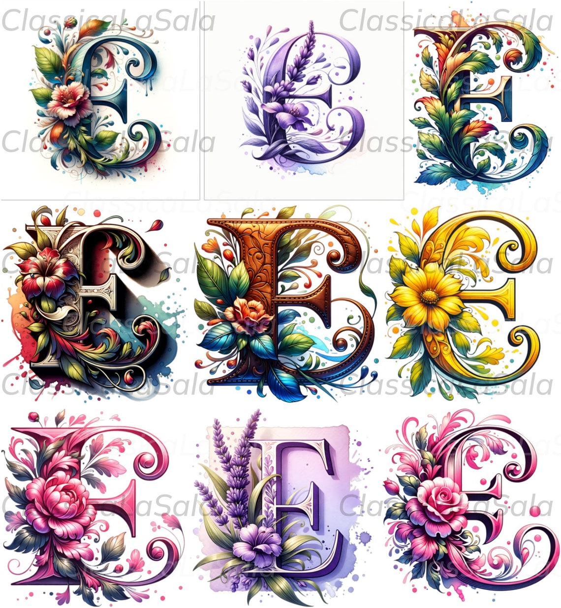 Floral Monogram E Clipart Bundle Set of 9 Embellished Letter Designs ...