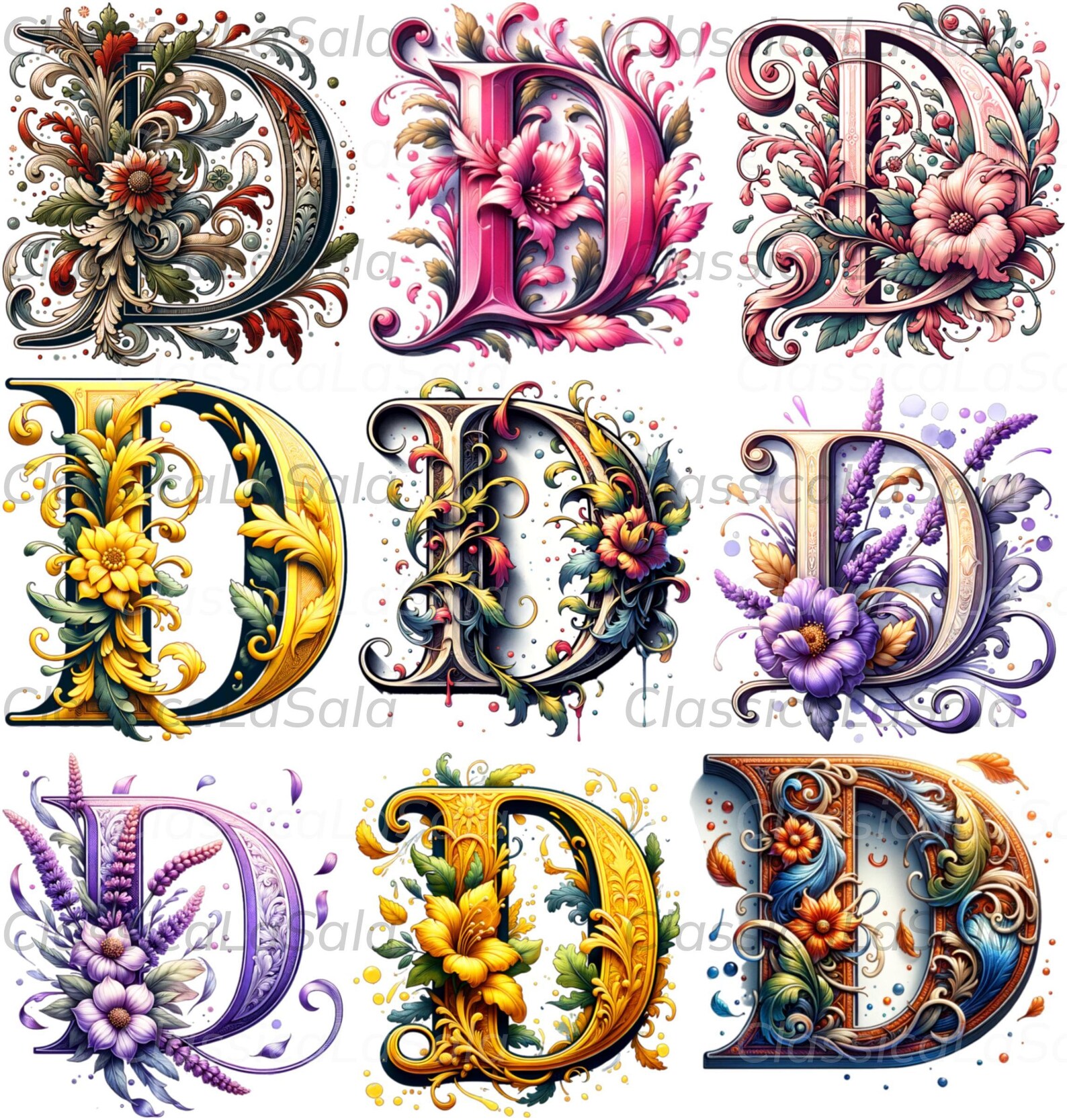 Elegant Floral Monogram Letter D Clipart Instant Download for ...