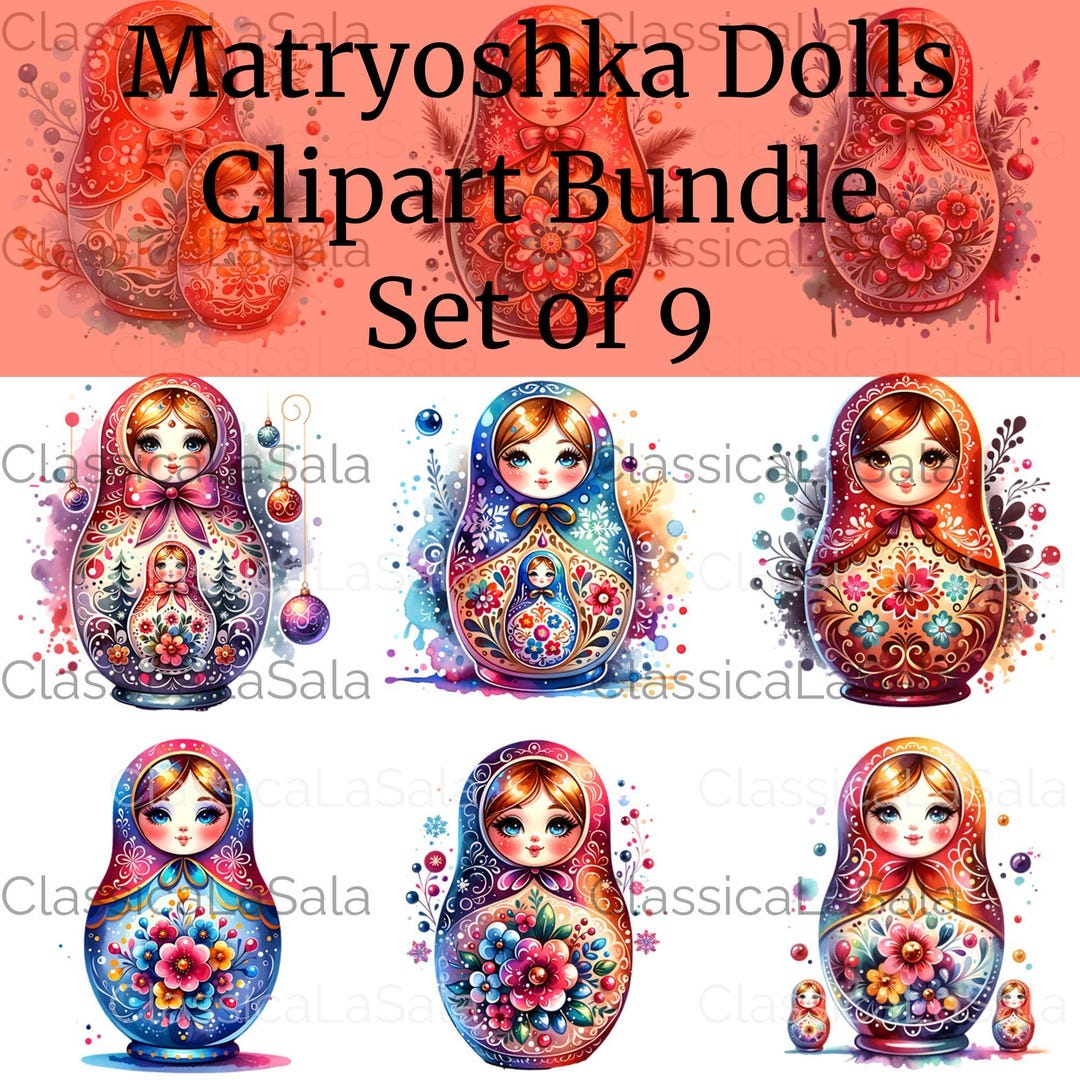Matryoshka Dolls Clip Art Bundle Set of 9 for Sublimation and Print on ...