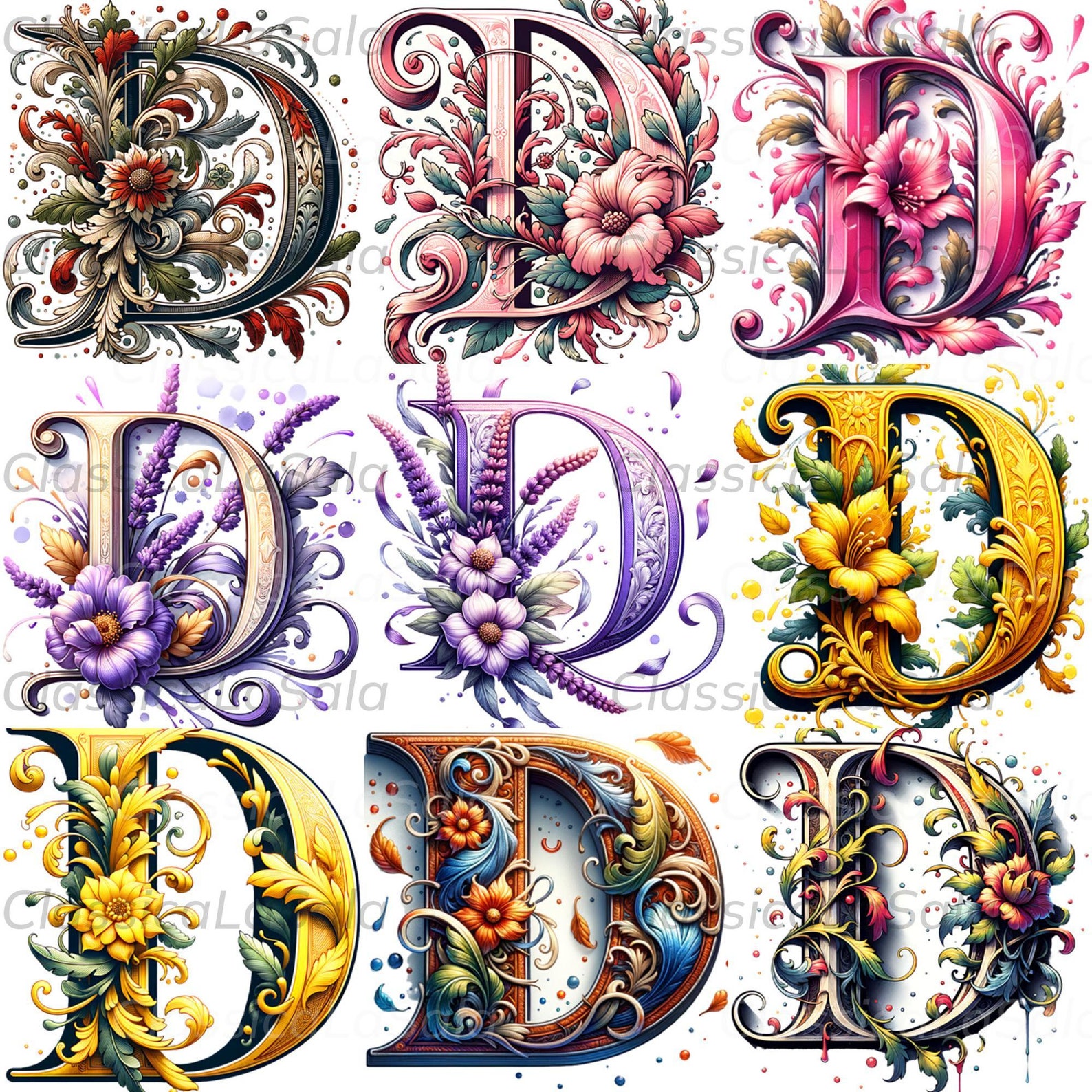 Elegant Floral Monogram Letter D Clipart Instant Download for ...