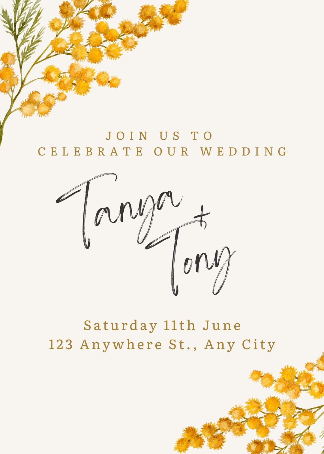 Elegant Australian Wattle Wedding Invitation | Editable Canva Template ...