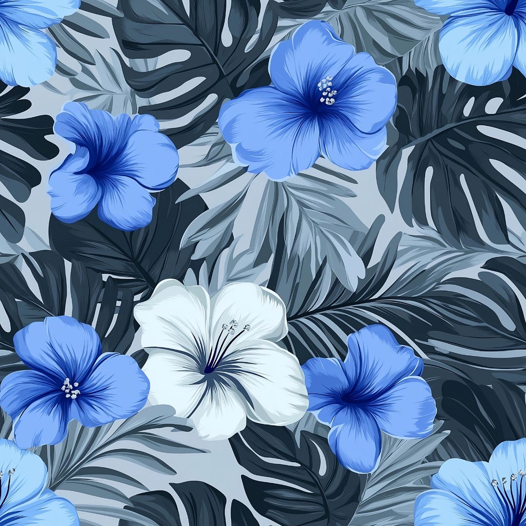Digital Tropical Flower Pattern Cool Grey and Blue Vibes - Etsy