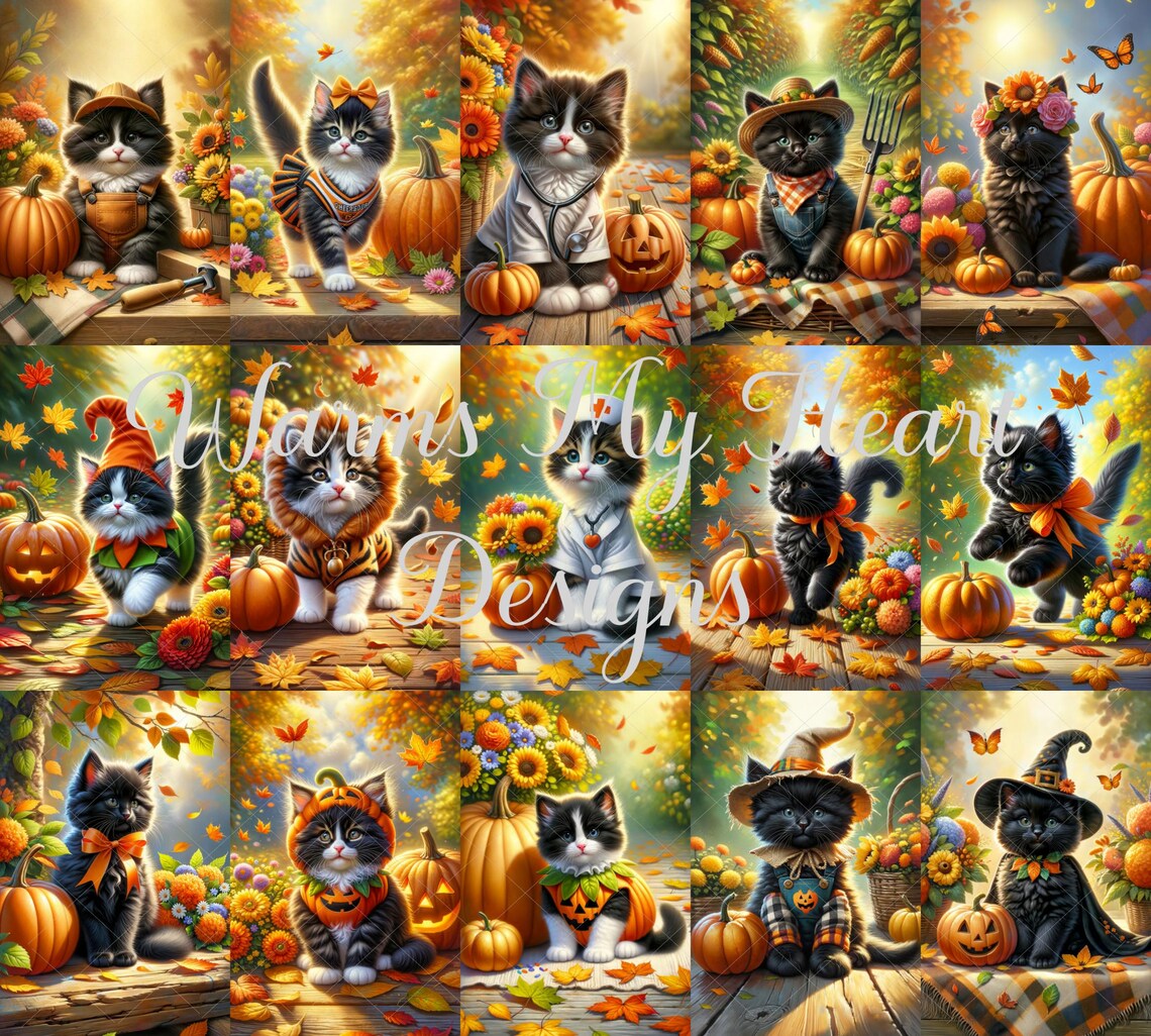 Big BUNDLE Halloween Kittens in Costumes Downloadable Printable Designs ...