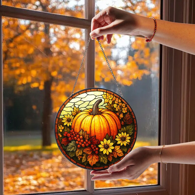 Fall Pumpkin Stained Glass Suncatcher – Autumn Window Hanging – Harvest ...
