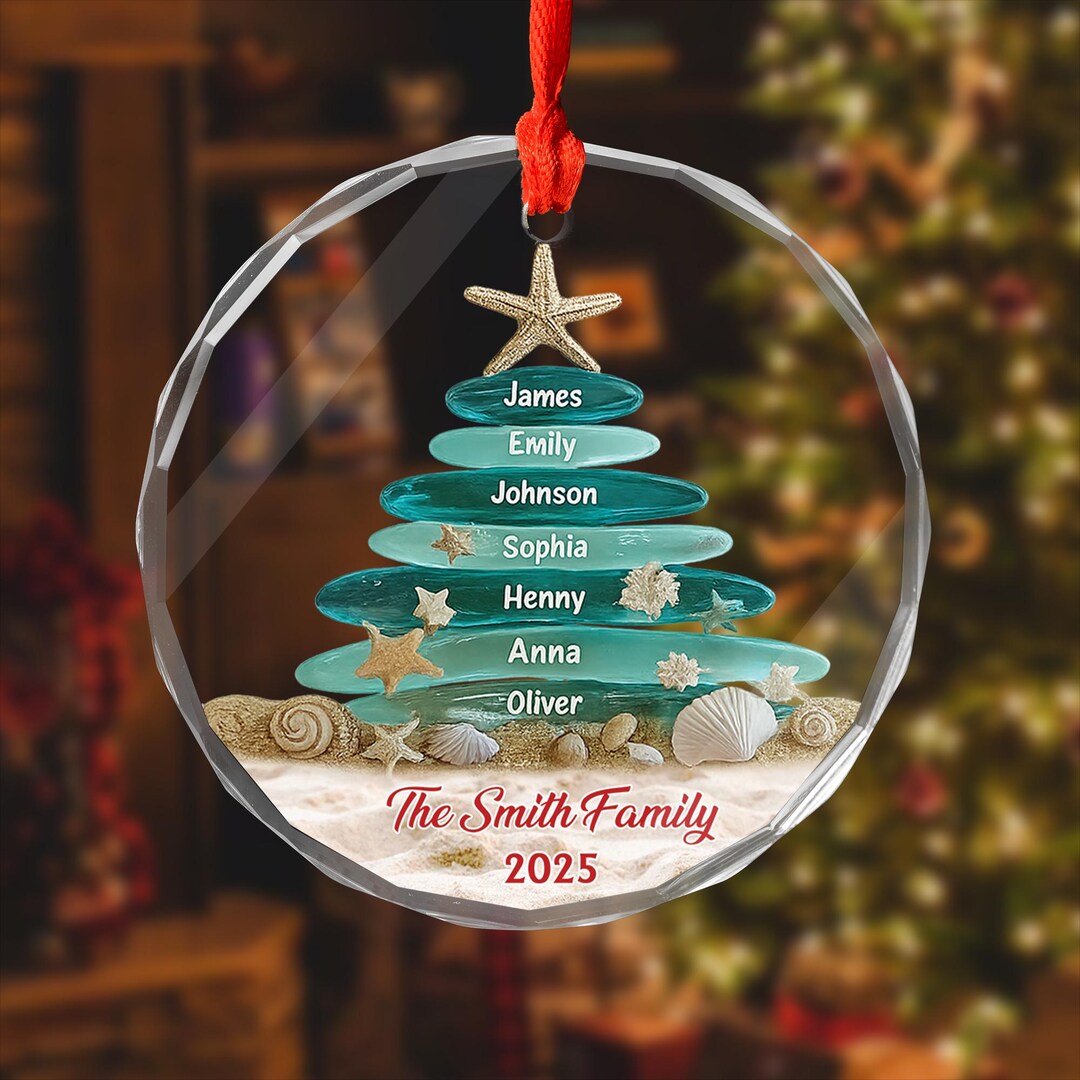 Personalized Sea Glass Family Tree Ornament 2025, Custom 2D Flat Beach ...