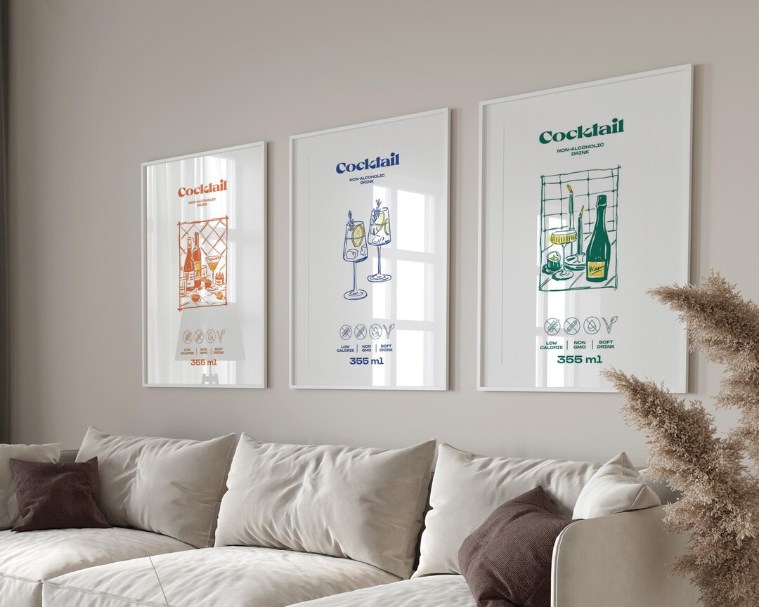 Bar Cart Print Set of 3, Alchol Poster Art, Trendy Retro Wall Art ...