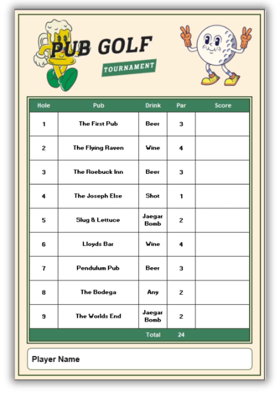 Simple Pub Golf Excel Template - Printable - Etsy
