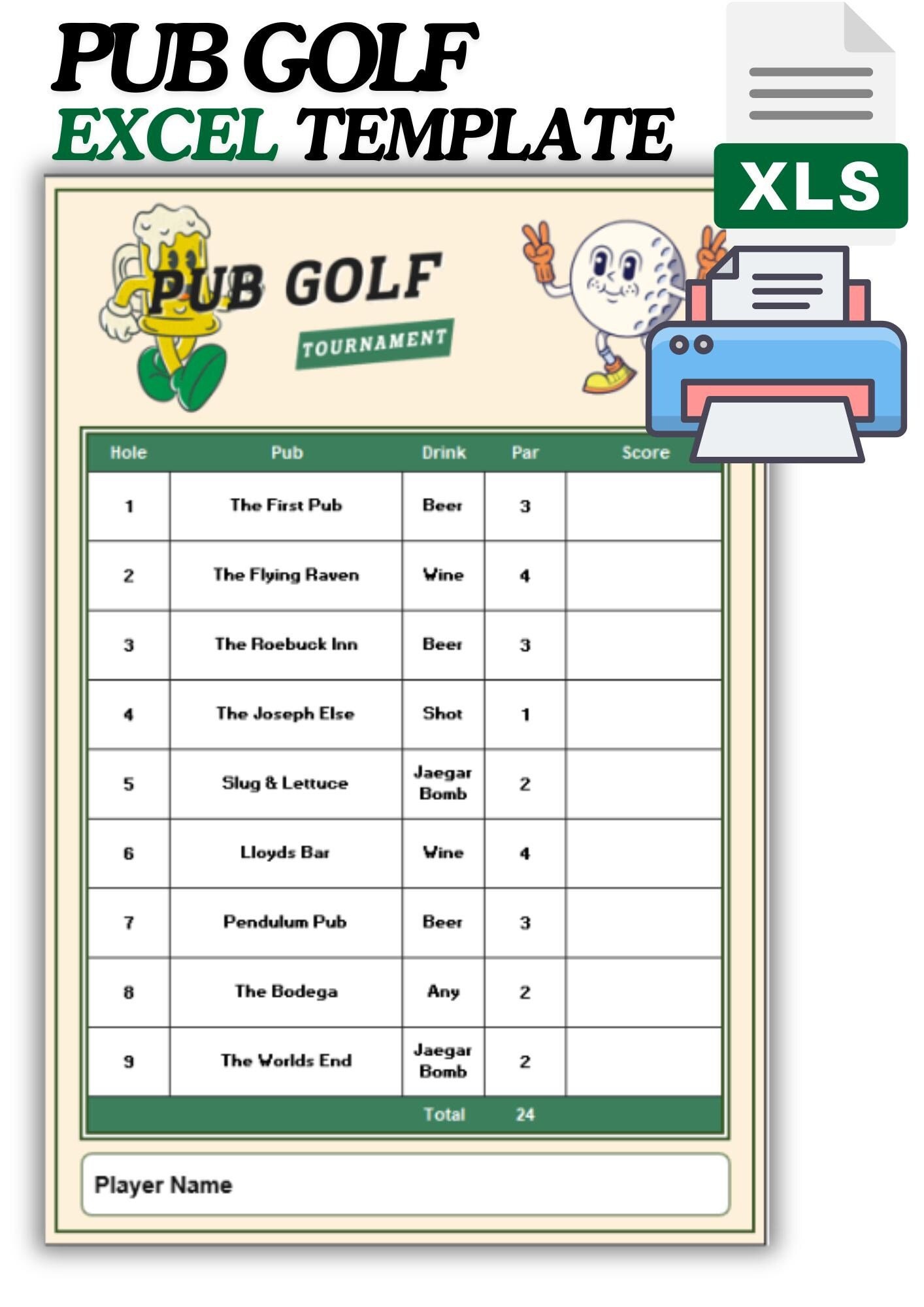 Simple Pub Golf Excel Template - Printable - Etsy