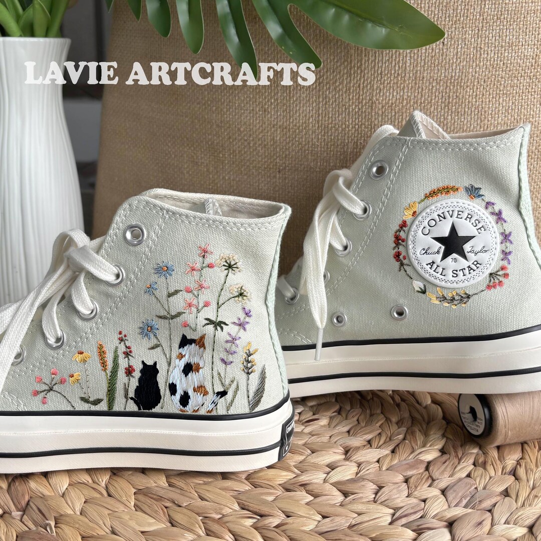 Cat and Flower Embroidery Converse, Pet Cat Converse, Converse ...