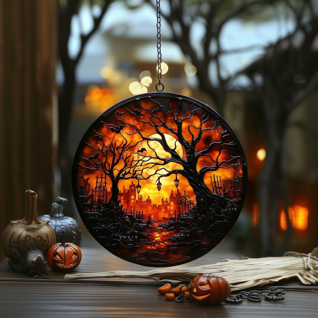 Creepy Town Stained Glass Suncatcher for Halloween Decor, Spooky Season ...